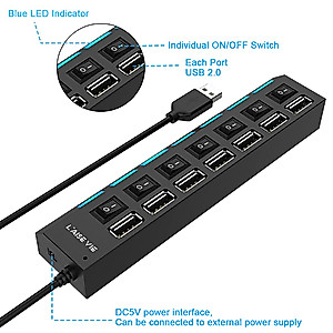 Multi Port Splitter, 7 Port USB 2.0 Hub, USB A Port Data Hub with Independent On/Off Switch and LED Indicators, Lights for Laptop, PC, Computer, Mobile HDD, Flash Drive and More (Black 2.0)
