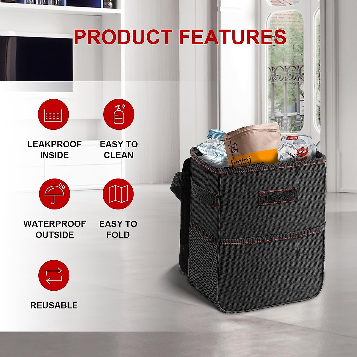 Simple Deluxe Car Trash Can with Lid and Storage Pockets, Leak-Proof Car Garbage Can with Adjustable Straps, Waterproof, Portable and Collapsible Trash Bag for Car, 2 Gallon, Black