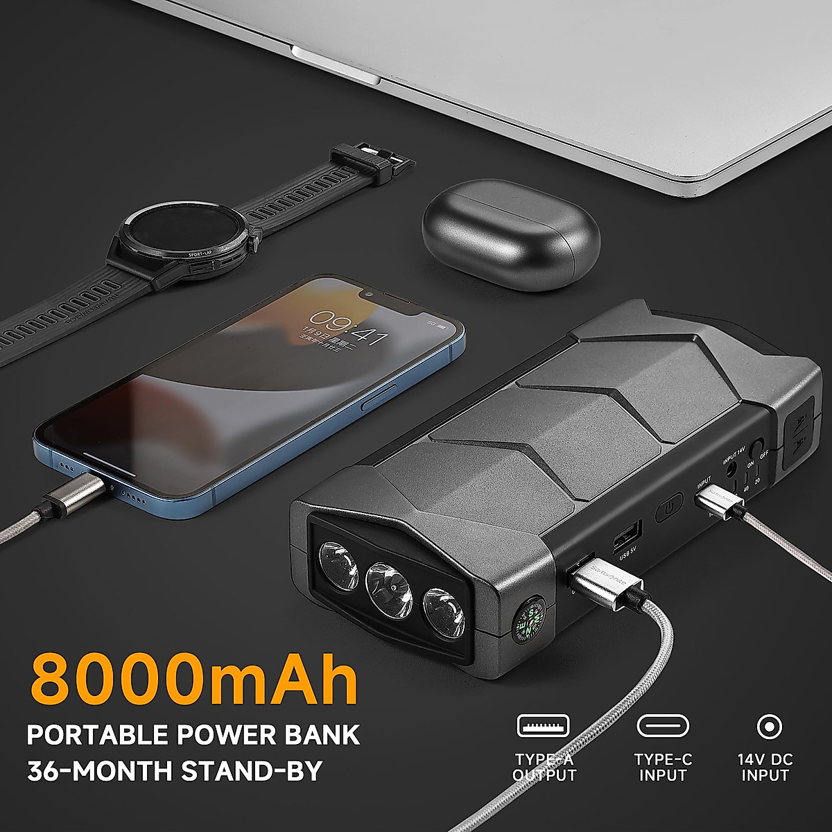 CELLGEAR Portable Car Jump Starter,2000A Battery Jump Starter(Up to 6.0L Gas 4.0L Diesel Engine) 12V Car Battery Charge Jump Starte with USB Fast Charging,Emergency Warning/LED Light and Compass