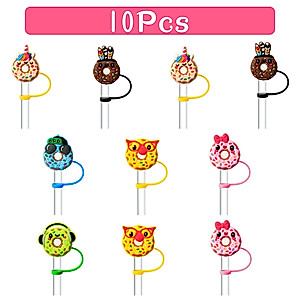 ANGOLIO 10Pcs Donut Dessert Straw Cover Cap Reusable Silicone Straw Toppers Cute Drinking Straw Tips Lids for 6-8 mm Drinking Straw Cap Lids Cap Dust proof for Party Supplies (Not include Straw)