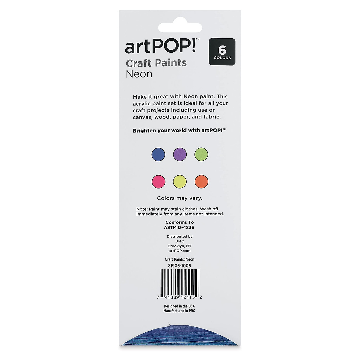 artPOP! Acrylic Craft Paint, Set of 6 Neon Bright Colors, 2.5 ml Each, Mini Paint Pot Pod Strips, Washable, Non-Toxic for Arts and Crafts, Poster Paint, Painting on Paper, Canvas, Wood, Fabric