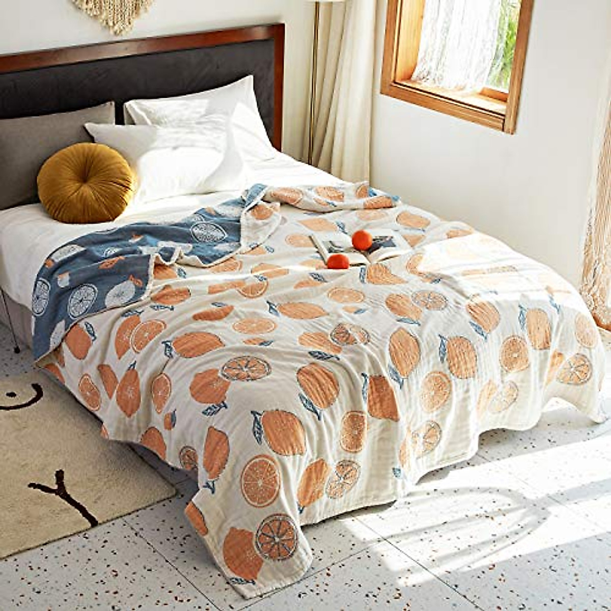 Scientific Sleep Lemon 100% Cotton Muslin Blanket Throw Cover for Bed, Couch & Sofa, Cozy Soft Lightweight Warm Bedspread Coverlet (9, F/Q 78" X 90")