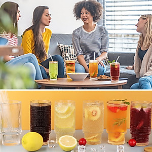 SogYupk Glass Cups Set with Straw/Bamboo Lid,12 oz Stackable Serving Drinking Glasses, Ideal for Whiskey/Cocktails/Juice/Coffee/Beer, Dishwasher Safe,3 Patterns of Vintage Glassware Sets.(6 Pcs)