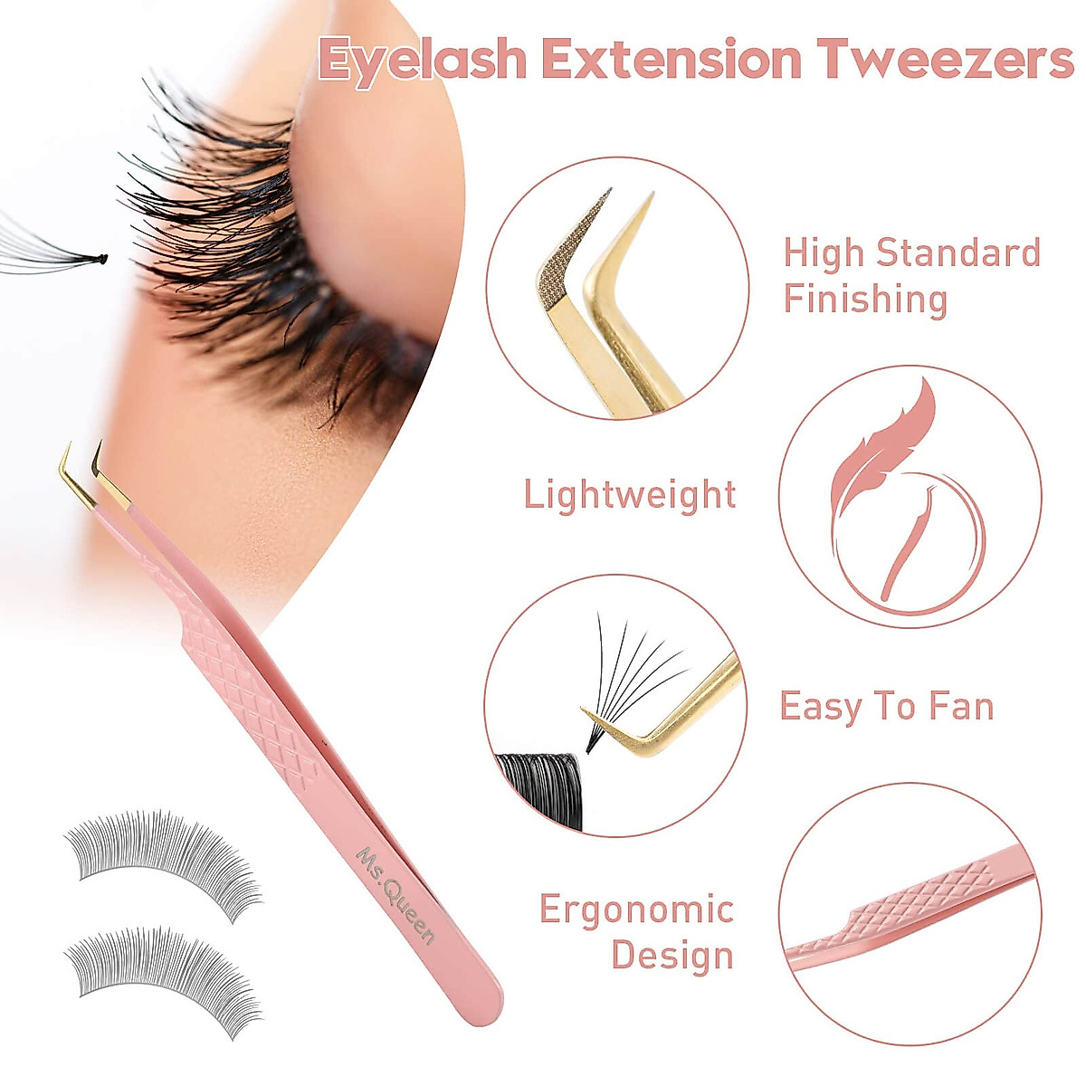 Ms.Queen Lash Extension Tweezers,Diamond Grip 90 Degree False Lashes Tweezers 3D 6D Mink Eyelash Make Fans