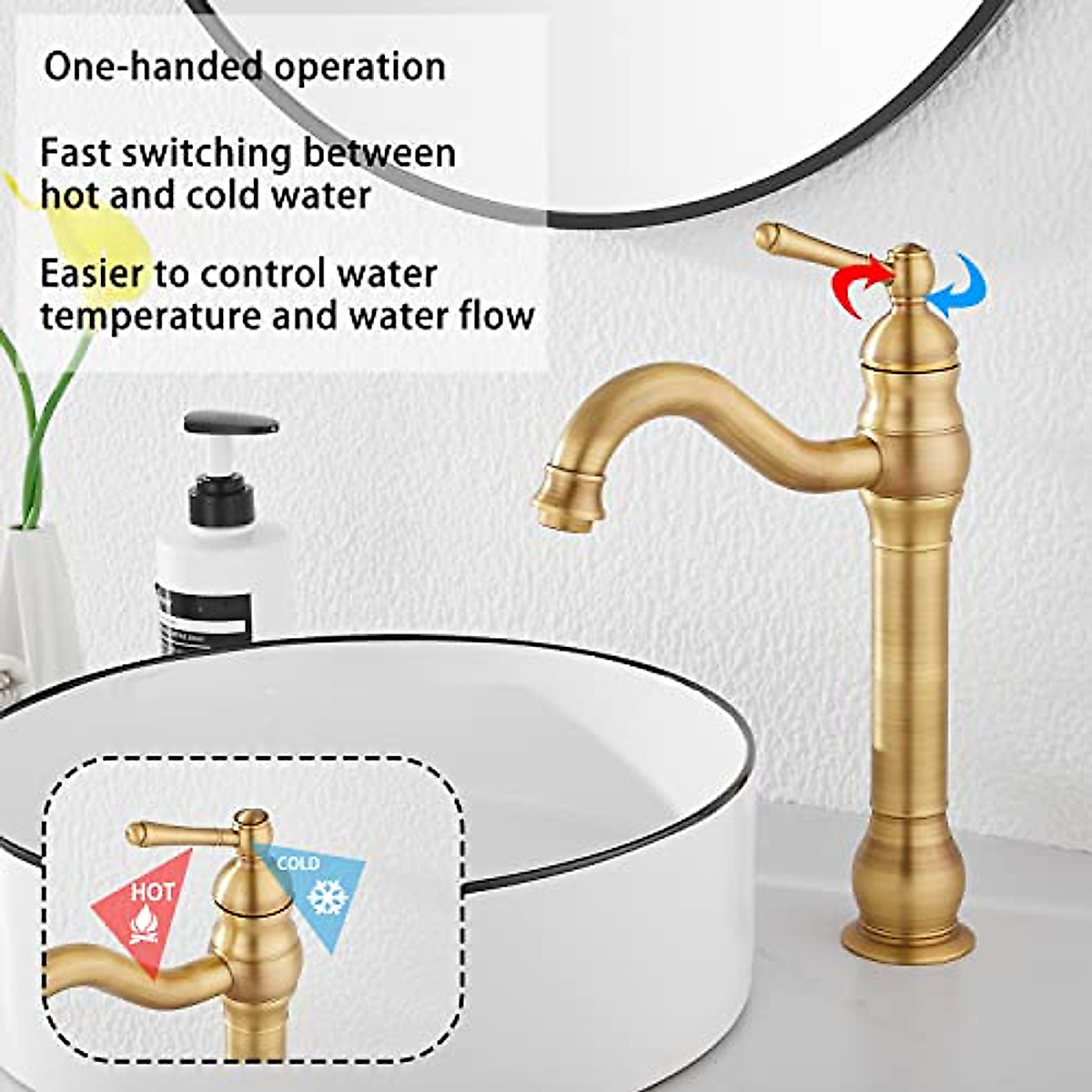 GGStudy 360° Swivel Antique Brass Bathroom Vessel Sink Faucet Single Handle One Hole Matching with Pop Up Drain