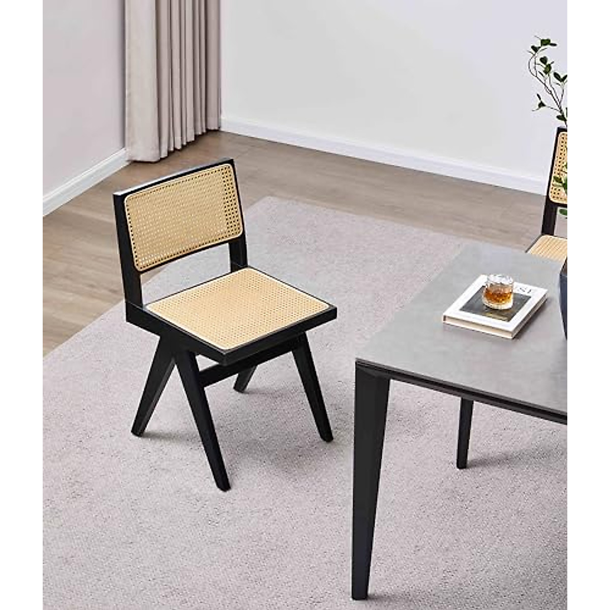 Way2Furn Rattan Chair Set of 2, Mid Century Modern Chair for Kitchen, Cane Dining Chair with Cane Back & Wood Base, Dining Room, Study Room, Living Room, Yard, B&B, Teahouse, Hotel, (Black)