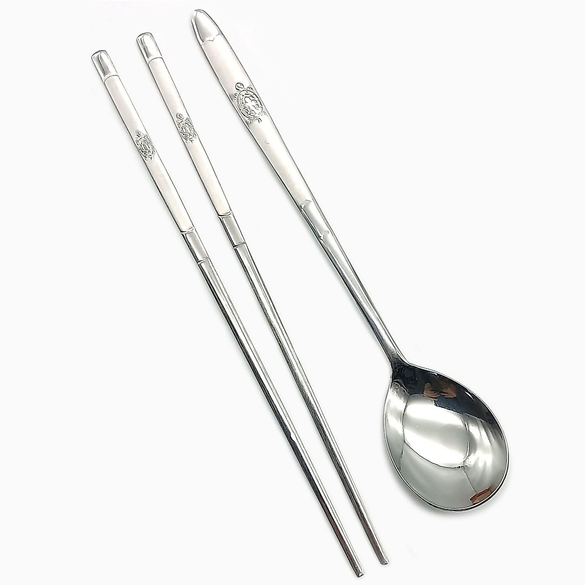 SUPIA Korean Traditional Cutlery Stainless Steel Spoons and Chopsticks Set Tableware with Long-hand, Reusable (Silver Turtle)