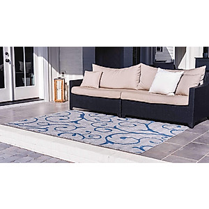 Unique Loom Outdoor Botanical Collection Area Rug - Curl (7' 1" x 10' Rectangle, Gray/ Navy Blue)
