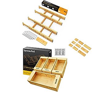SpaceAid Bamboo Drawer Dividers with Inserts and Labels, 4 Dividers with 9 Inserts (17-22 in), Bag Storage Organizer (4 Pack)