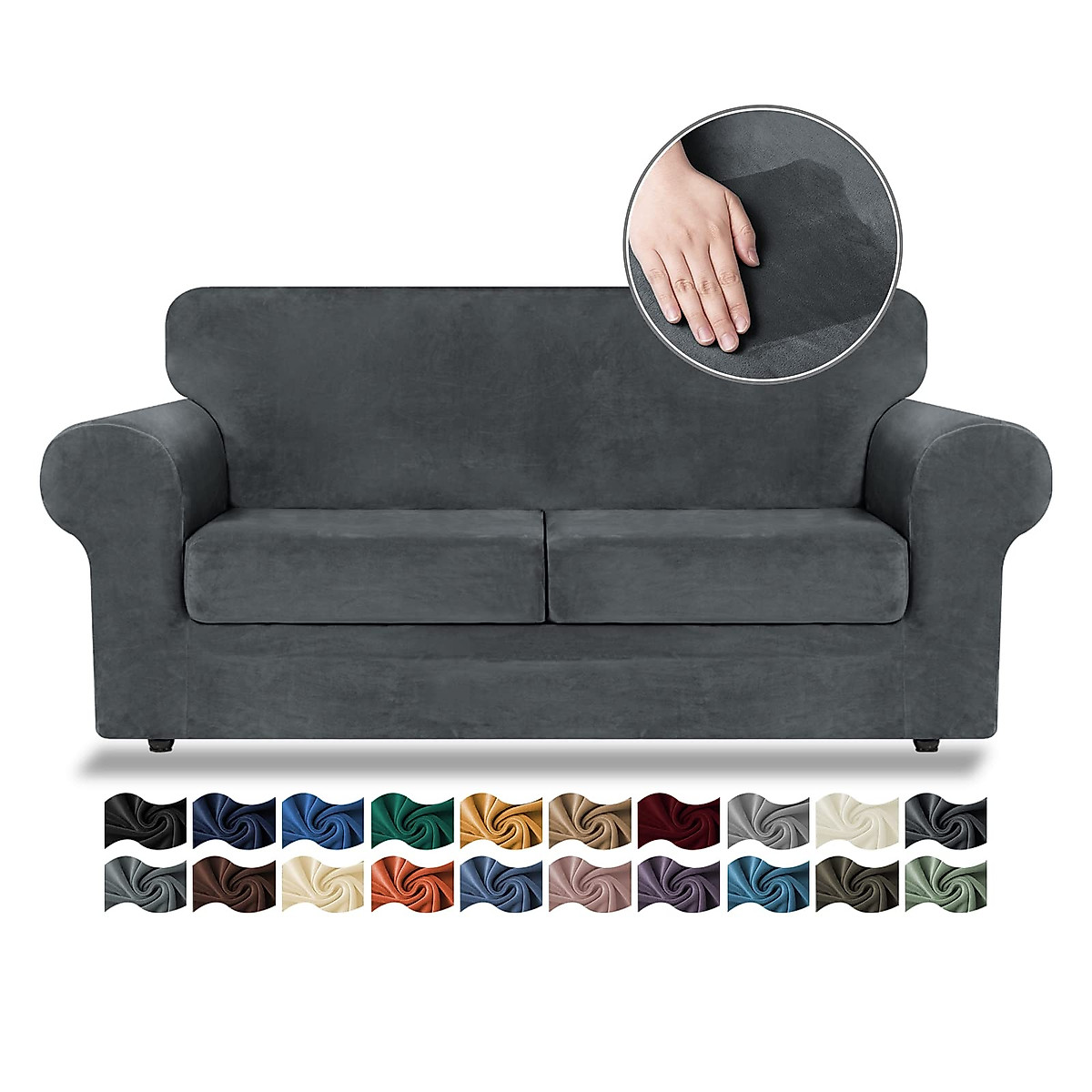 Asnomy Sofas Covers for 2 Cushion Couch Loveseat Cover Velvet Stretch Slipcovers for Dogs Cats,2 Seat Cushion Furniture Protector Machine Washable（Medium，Dark Grey）