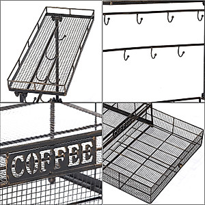 Aifeorzo Coffee Mug Holder, 2 Tier Industrial Countertop Mug Display Rack, 7 Mugs Coffee Cup Stand with Coffee Pod Drawer, Large Metal Cup Tree Holder Stand for Coffee Bar Kitchen, Black