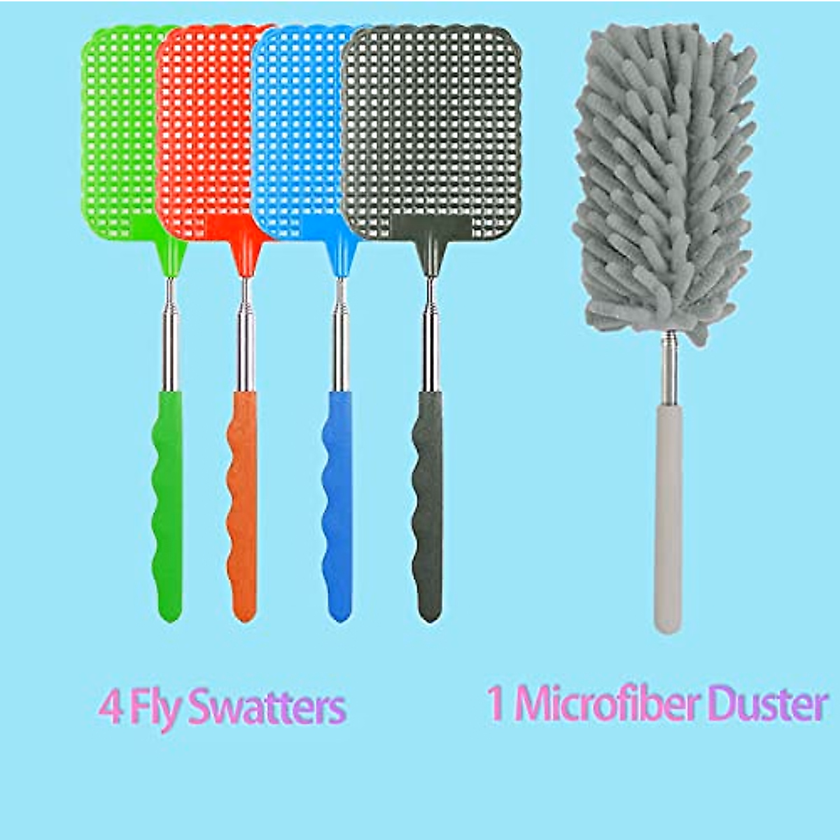 Retractable Fly Swatters Durable Plastic Fly Swatter Heavy Duty Set of 4 with Extendable Microfiber Feather Duster, Telescopic Flyswatter with Stainless Steel Handle for Indoor/Outdoor/Classroom