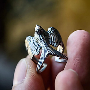 Vintage Flying Swallow Open Rings for Men Boys Women Retro Baroque Sculpture Statement Adjustable Expandable Gothic Finger Ring Sterling Silver Plated Comfort Fit Cute Animals Unisex Party Jewelry