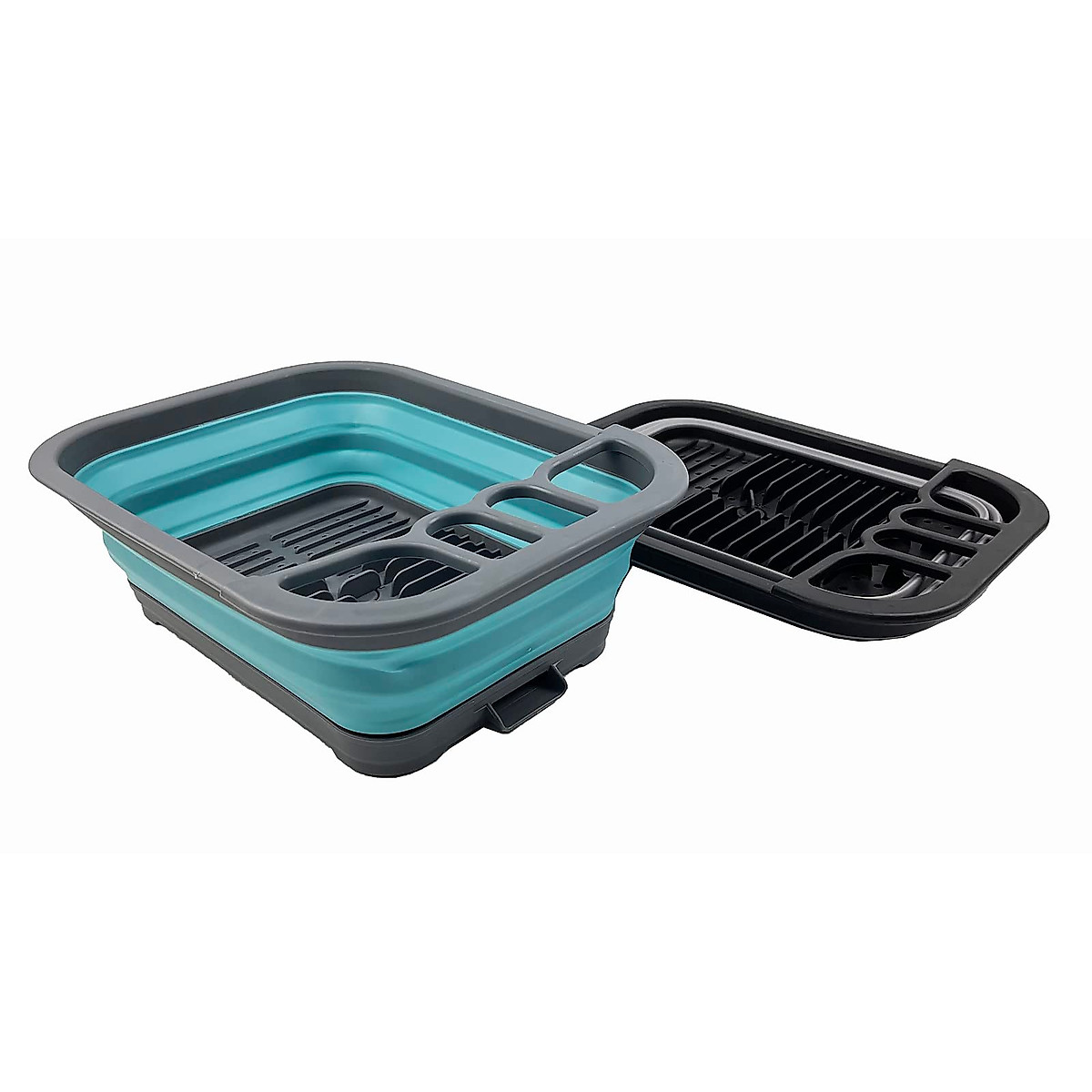 SAMMART 7.3L (1.9 Gallon) Collapsible Dish Drainer with Drainer Board - Foldable Drying Rack Set - Portable Dinnerware Organizer - Space Saving (Alloy Grey + Crystal Blue (Set of 2))