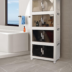 CAIHECAI 4 Tier Folding Storage Bins 195 Quart Plastic Storage BinPlastic Foldable Box with Wheels Storage Containers for Home, Ofiice, Dorm Room Essentials(White)