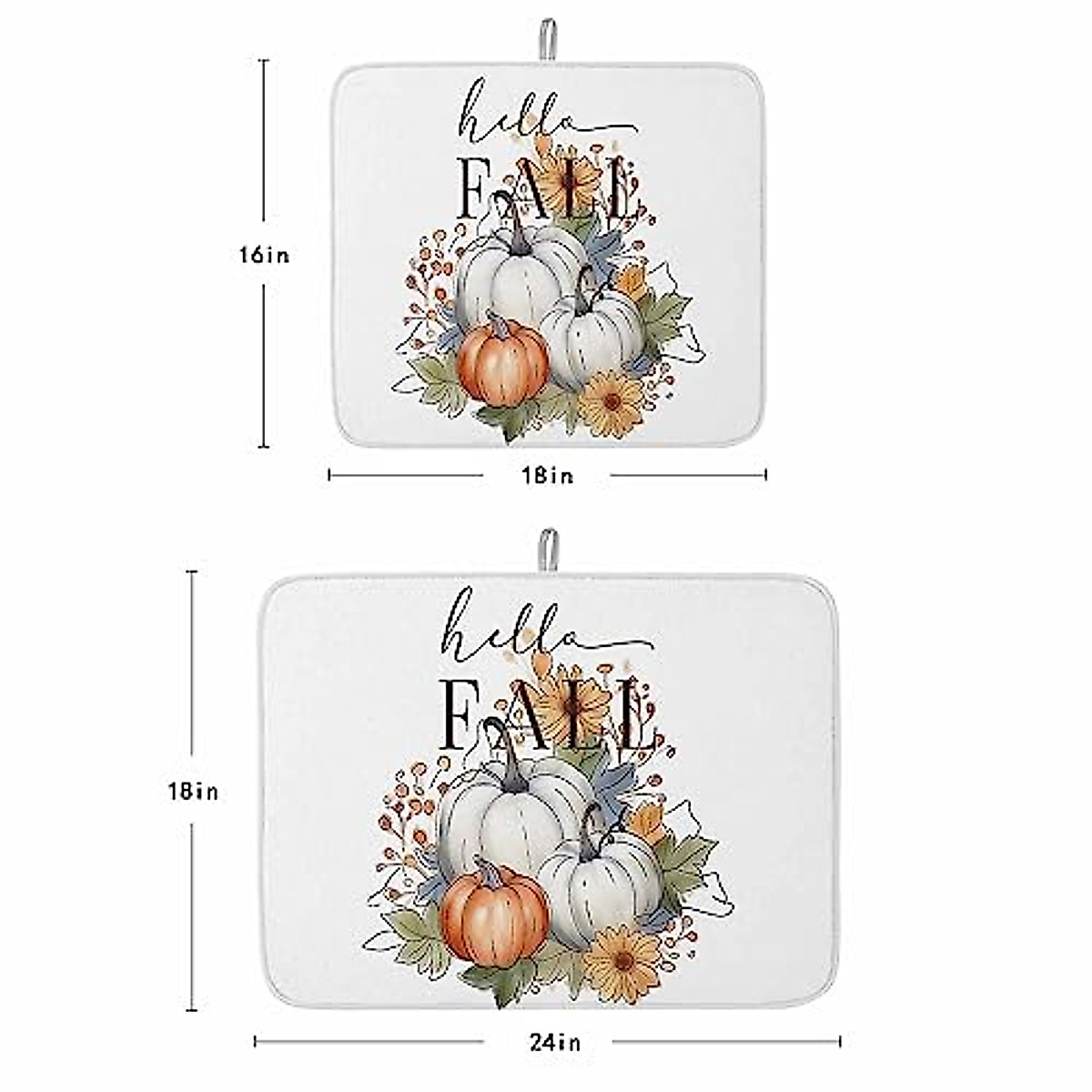Hello Fall Dish Drying Mat for Kitchen Counter, Thanksgiving Grey Orange Pumpkins Baby Bottle Microfiber Drying Pad, Autumn Sunflower Botanical Absorbent Coffee Cup Dishes Drainer Mats 18"x24", 1 Pcs