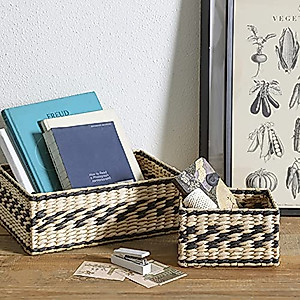 Water Hyacinth and Paper Handwoven Rectangle Basket (Assorted Set of 3, 1 Medium 13.8"x9.4"x5.1", 2 Small 7.5"x5.9"x4.5", Beige and Black)