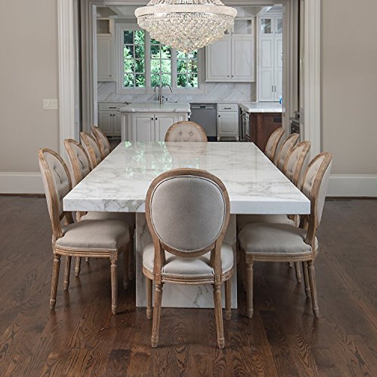 2xhome - French Country Vintage Chic Style Dining Side Chair with Upholstered Linen Welted Fabric and Elegant Natural Rustic Wood Frame - Tufted Button Oval Back