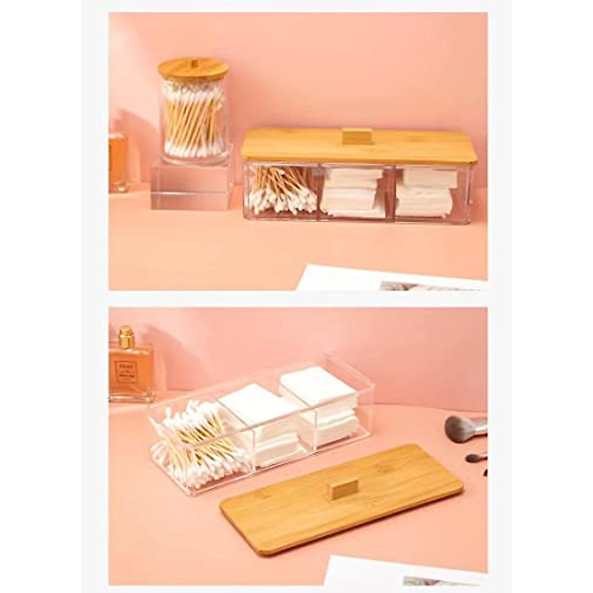 Agirlvct Wood Qtip Holder,Cotton Ball and Swab Holder Organizer with Lid,Jar for Cotton Rounds,Bathroom Containers,Q-tip Dispenser,Clear Acrylic Desk Organizer for Makeup Pads,Cosmetics Bedroom