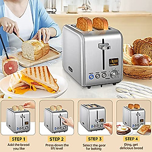SEEDEEM Toaster 2 Slice, Stainless Steel Bread Toaster with Colorful LCD Display, 7 Bread Shade Settings, 1.4'' Wide Slots Toaster with Bagel/Defrost/Reheat Functions, Removable Crumb Tray, 900W, Silver Metallic