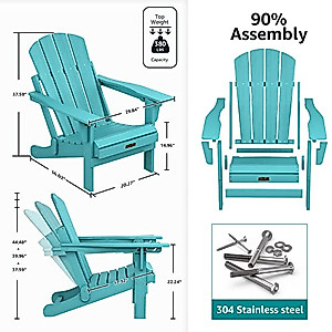 SERWALL 5-Piece Adirondack Chair and Ottoman and Table Set, Weather Resistant Adjustable Backrest Adirondack Chair with Ottoman and Side Table, Adirondack Chair for Backyard, Garden, Deck, Cyan Blue