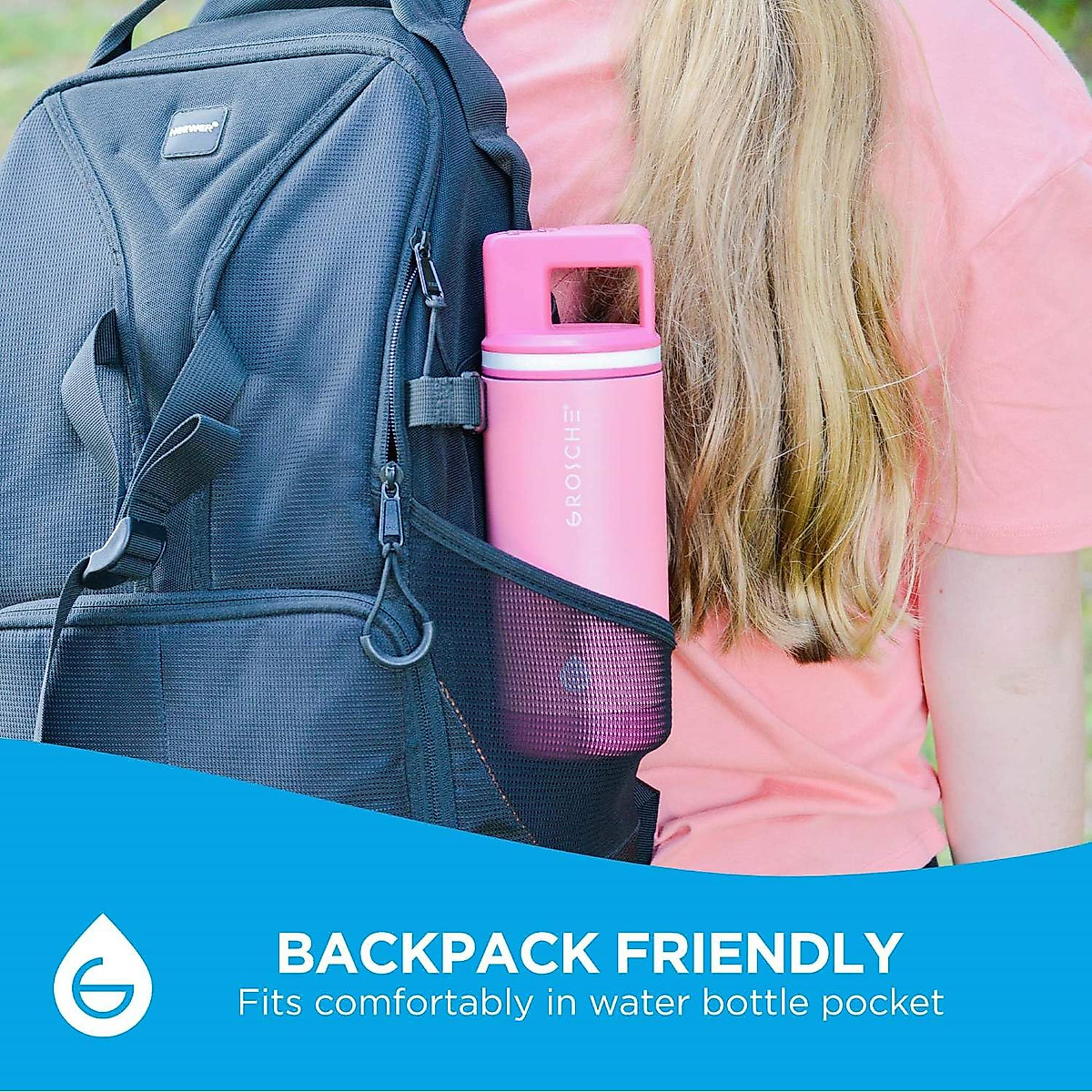 GROSCHE Alpine Flip n' Sip 16oz Insulated Kids Water Bottle - Stainless Steel, Leakproof Flask with Straw - Perfect for Gym, Travel & Outdoor Use - Keeps Water Cold upto 60 hrs - Flamingo Pink