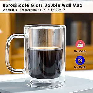 Aquach Double Wall Glass Coffee Mug 12 oz, Large Clear Glass Cup with Handle Set of 2, Insulated Tea Mugs, Water Cups, Juice Cups, Milk Cups