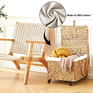 Wimarsbon Storage Basket, Foldable Rolling Hamper With Brakable Wheels and Lid, Handwave Braid Laundry Bin, Clothes Toy Organizer for Living Room (Water Hyacinth)