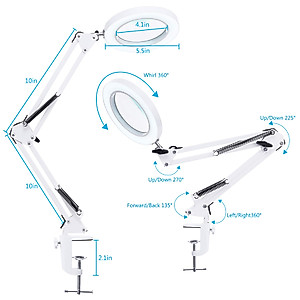 LED Magnifying Lamp with Clamp, 8-Diopter, 10X Real Glass Lens, 3 Color Modes and Stepless Dimmable Magnifier Desk Lamp,Adjustable Swivel Arm Lighted Magnifying Glass for Repair Craft Close Work-White