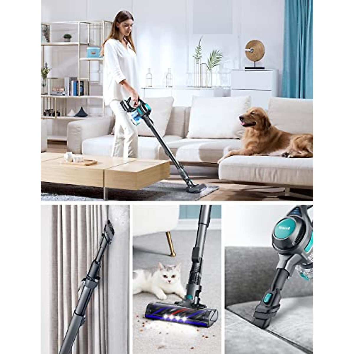 Voweek Cordless Vacuum Cleaner, Lightweight Stick Vacuum Cleaner with Powerful Suction, Detachable Battery, Self-Standing, 1.3L Dust Cup, 4 in 1 Handheld Vacuum for Home Hard Floor Carpet Pet Hair