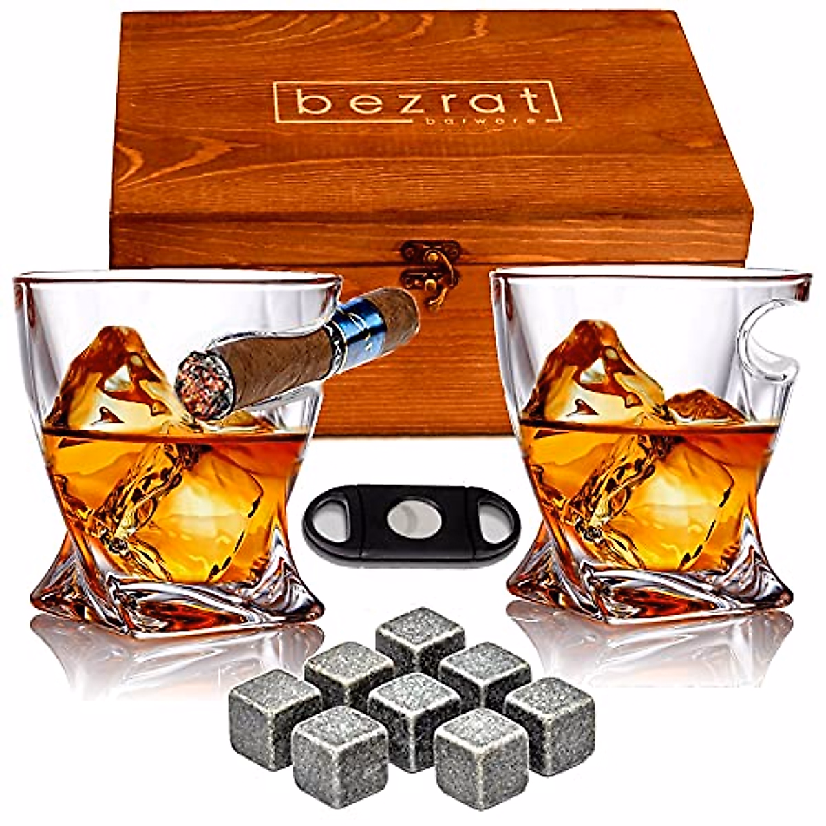 Bezrat Old Fashioned Whiskey Cigar Glasses With Side Mounted Cigar Holder + Whisky Chilling Stones and accessories in Wooden Box - Scotch Bourbon Set for Dad, Husband, Fathers Day, Birthday Gift Set