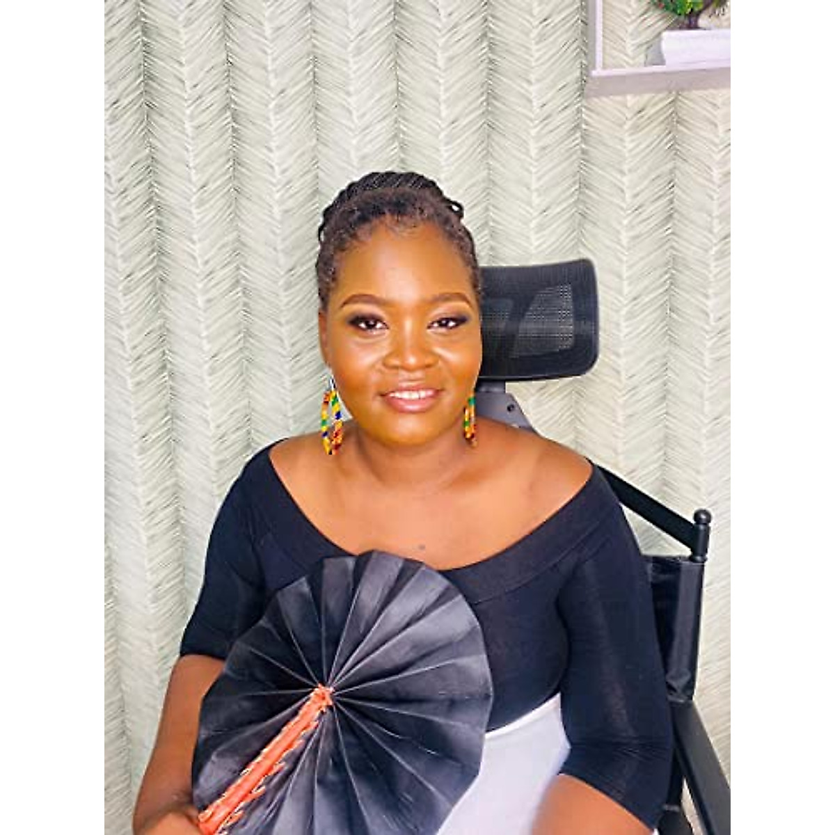 Ahiastring African Fabric Folding Fan: Church, Ankara, Leather, Wedding, Sports, and Pouch Included!