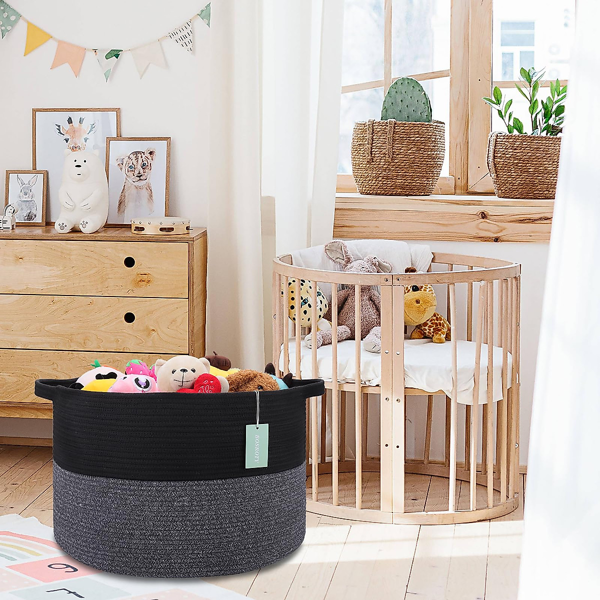 BOSROTY Large Laundry Hamper Basket for Clothes 72L, Nursery Hamper, Blanket Basket, Clothes Basket Laundry, Woven Storage Basket, Toy Basket, Cotton Rope Laundry Basket, 16”x 22”, Black & Gray