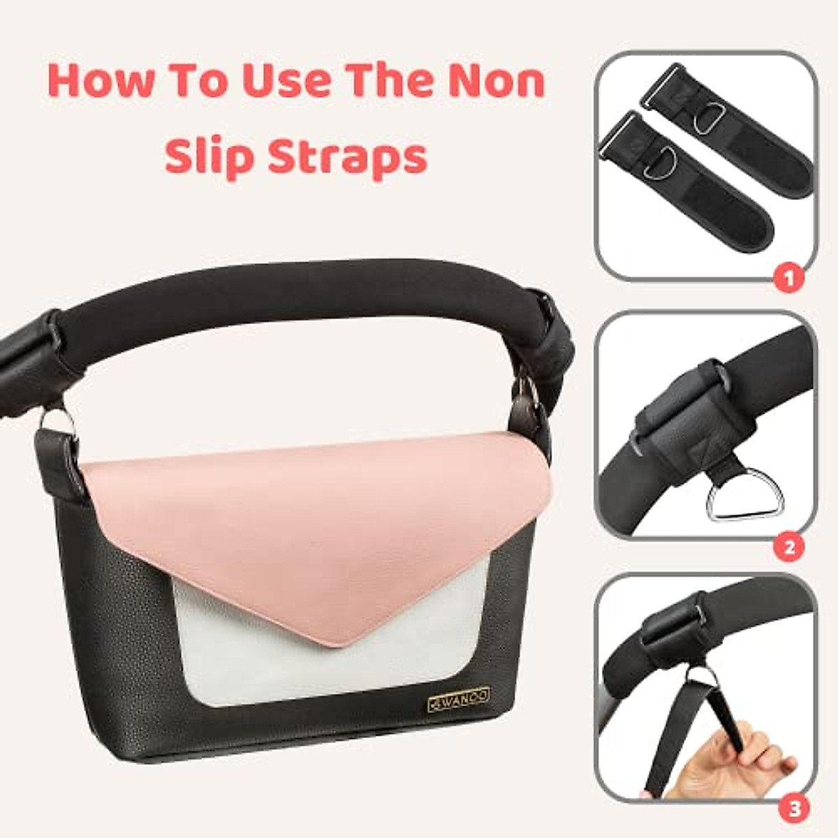 Vegan Leather Non Slip Universal Stroller Organizer With Cup Holder - Interchangeable Cover (PINK). Stroller Bag Organizer Caddy For Uppababy Vista Cruz Nuna Baby Jogger Bob Britax Bugaboo Graco Stroller Accessories Parent Console…