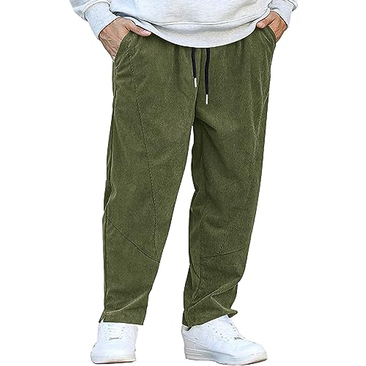 COOFANDY Men Corduroy Pants Drawstring Waist Loose Casual Long Trousers with Pockets, ArmyGreen, XL