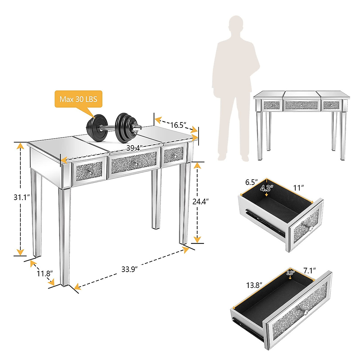 VINGLI Mirrored Vanity Desk with Drawers and Flip Mirror, Glass Vanity, Mirrored Vanity Table, Mirror Vanity Silver Desk, Mirrored Makeup Vanity Table for Bedroom/Makeup Room, Silver