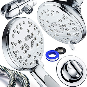 AquaSpa High Pressure 48-mode Luxury 3-way Combo – Dual Rain & Handheld Shower Head – Extra Long 6 Foot Stainless Steel Hose – Anti Slip Grip – All Chrome Finish – Extra Wall Bracket