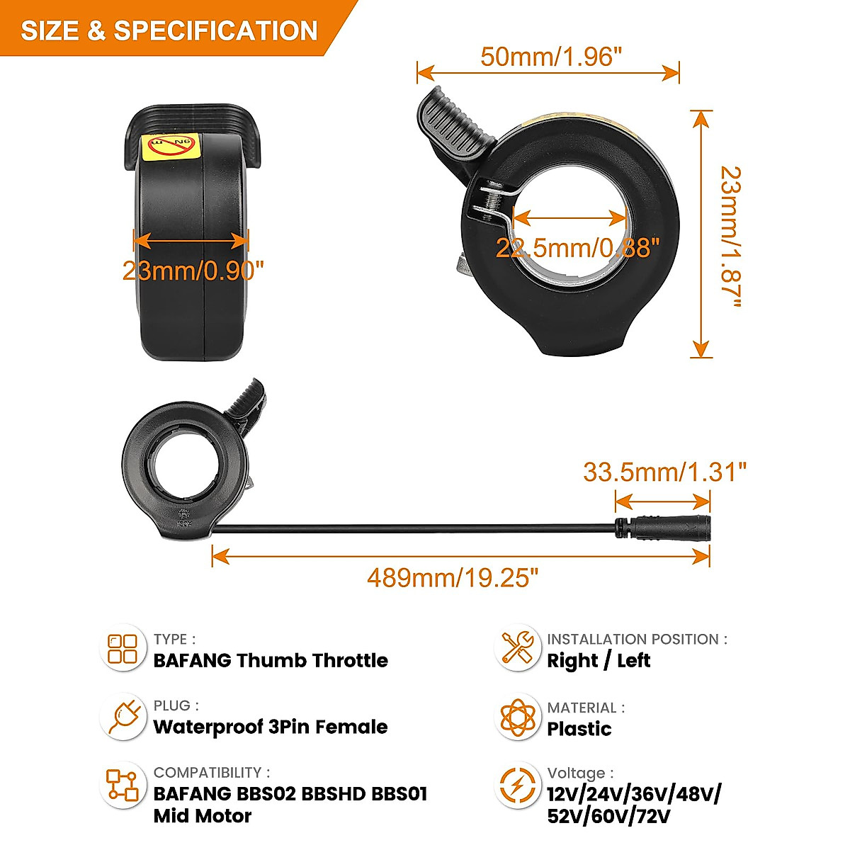 BAFANG Thumb Throttle for Motor Kit : Compatible Mid Drive Electric Bike Conversion Kit BBS01 BBS02 BBSHD BBS03 BBS02B Motor, Waterproof 3PIN Female Thumb Throttle Accelerator for eBike