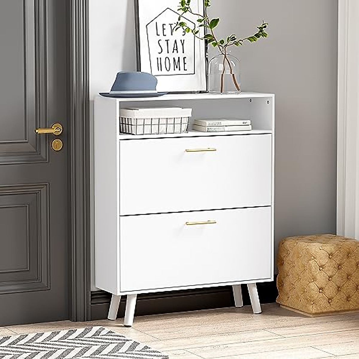 SINROM Shoe Cabinet for Entryway, Slim Shoe Storage Cabinet with 2 Flip Drawers, Freestanding Shoe Organizer with Open Shelf for Hallway, White