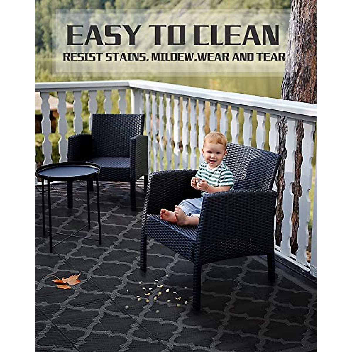 RVOLST Outdoor Rug Carpet Waterproof 6x9 ft-Patio Rug Reversible Portable RV Camping Rug Mat-Plastic Straw Outdoor Rug for Patio Decor Outside Rug for Picnic Balcony-Black and Gray