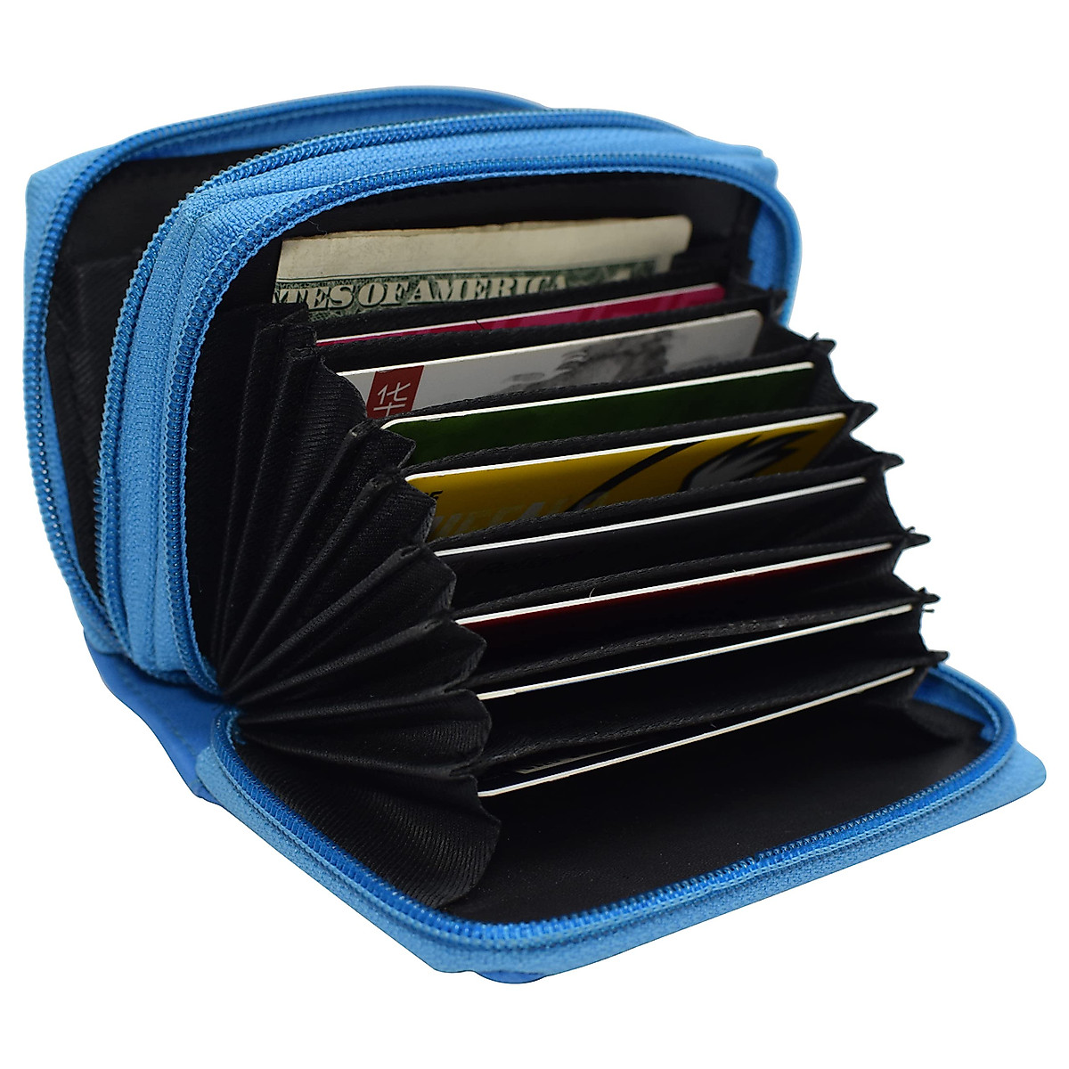 MARSHAL Genuine Leather RFID Identity Protected Double Zippered Accordion Wallet (Baby Blue)