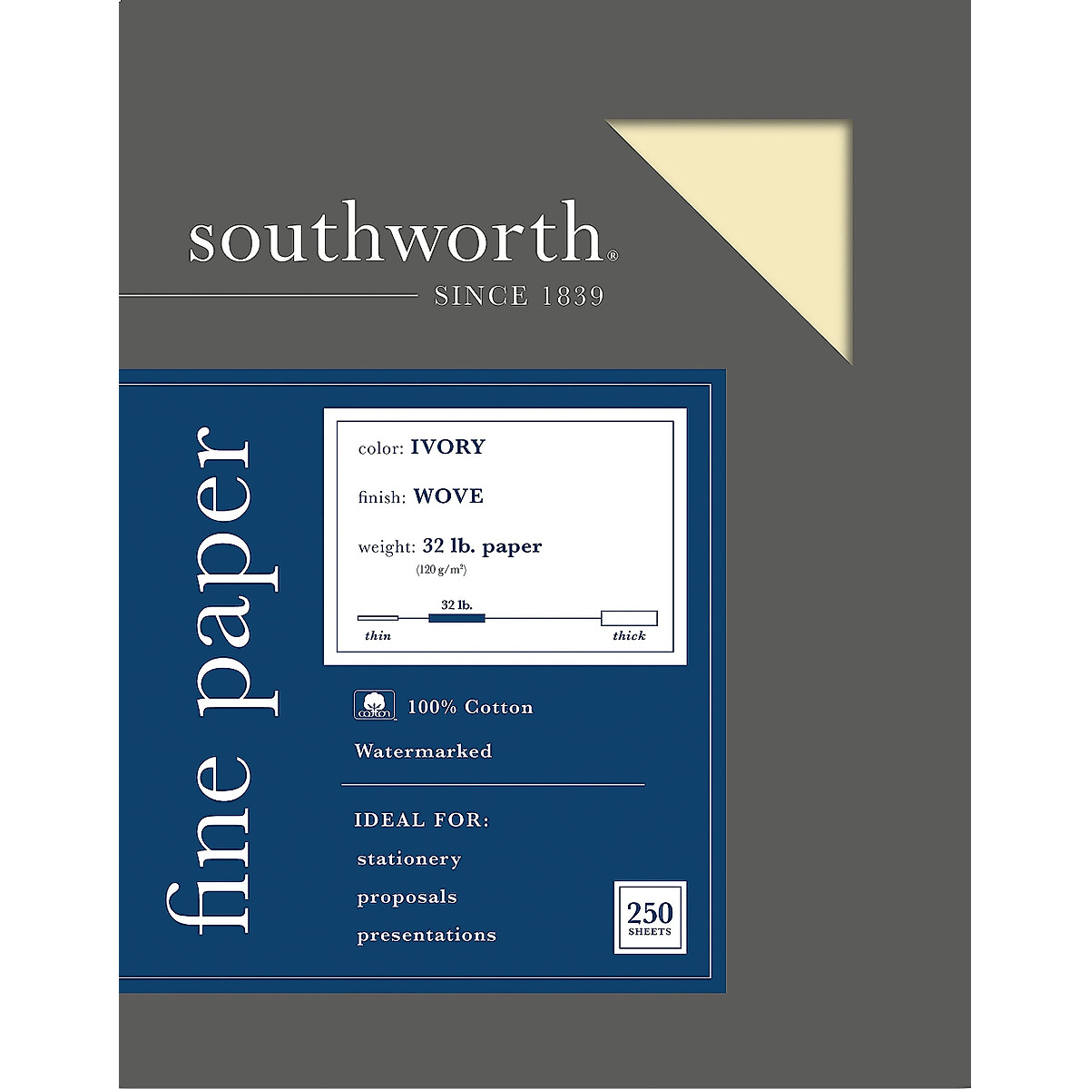 Southworth® 100% Cotton Business Paper, 8 1/2" x 11", 32 Lb, Ivory, Box Of 250