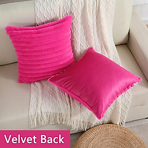 FUTEI Hot Pink Striped Decorative Throw Pillow Covers 18x18 Inch Set of 2,Square Spring Decorations Couch Pillow Case,Soft Cozy Faux Rabbit Fur & Velvet Back,Modern Home Decor for Bed