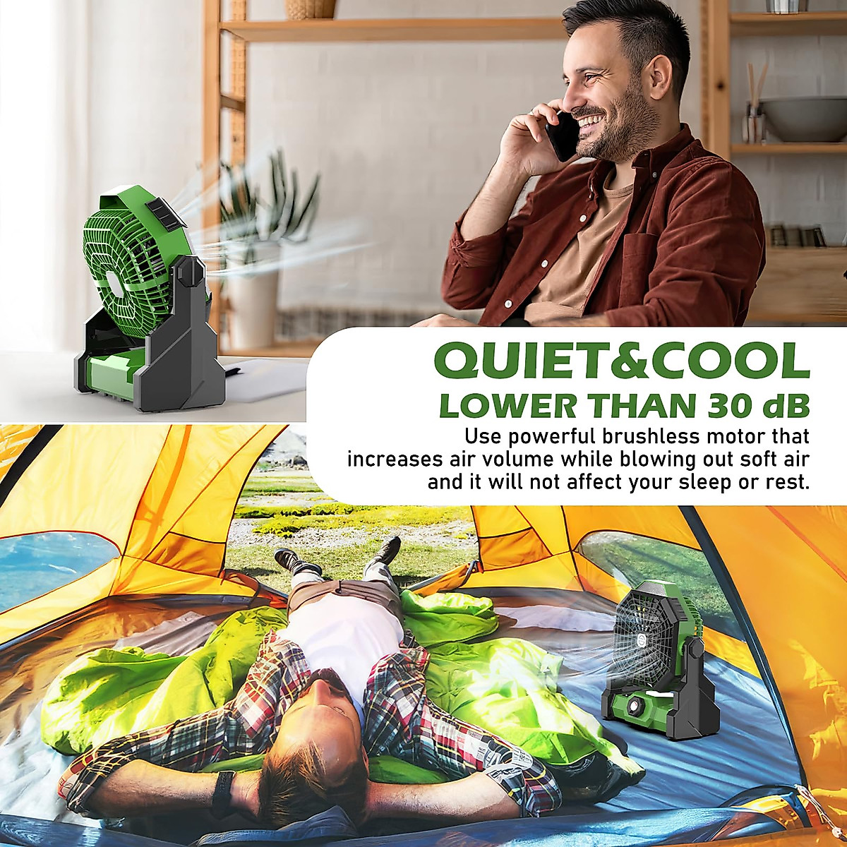 Camping Fan Rechargeable, 10400mAh Portable Battery Operated Camping Fan for Tents, Hangable USB Silent Camping Fans with LED Lantern, Suitable for Fishing, Camping, Bedroom, Workplace (Green)