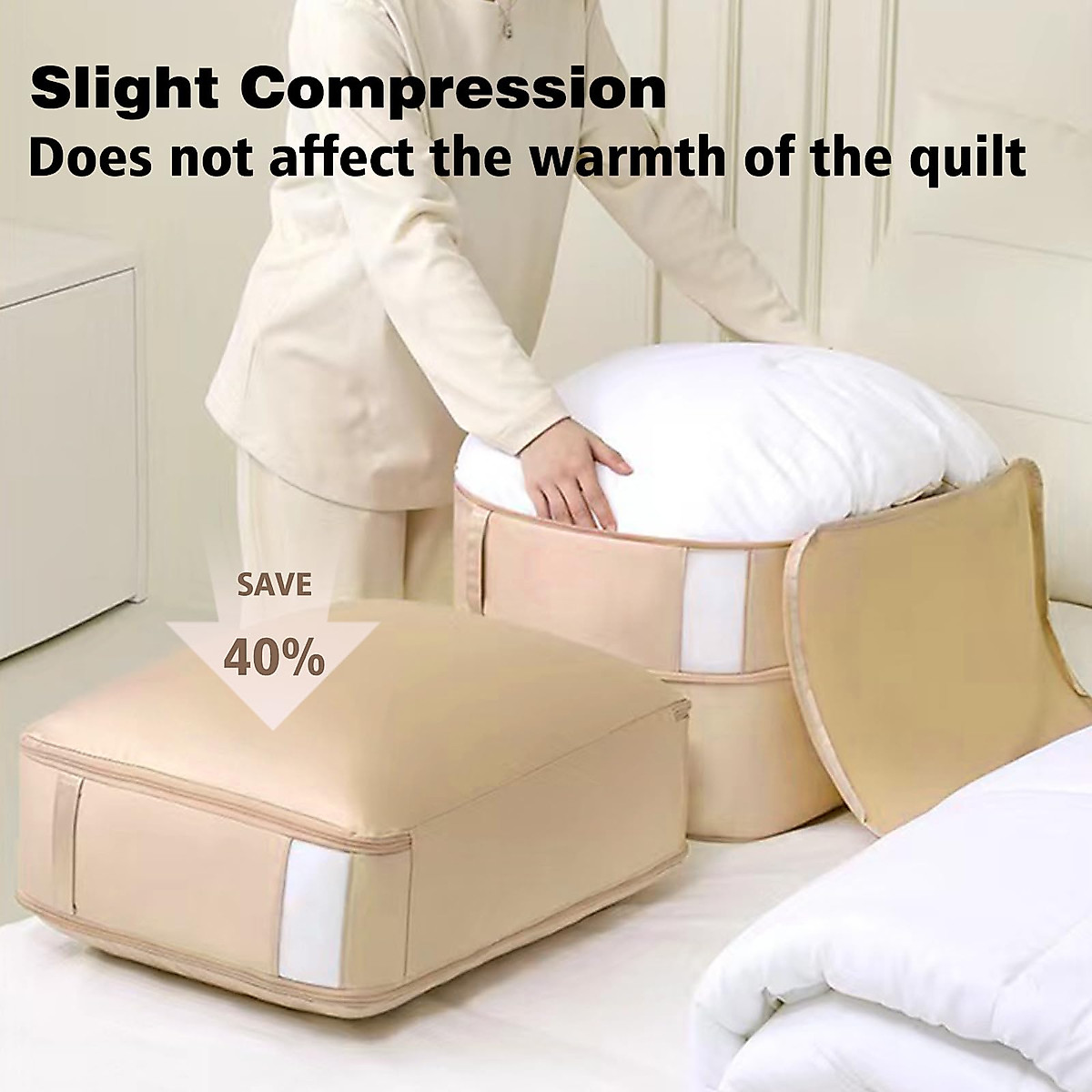Dannir Clothes Storage Bag, Ultra Space Saving Self Compression Organizer for Blanket, Quilt, Pillow, X-Large Zipper Comforter Storage Bags with Mesh Window, Home Essentials, Cream