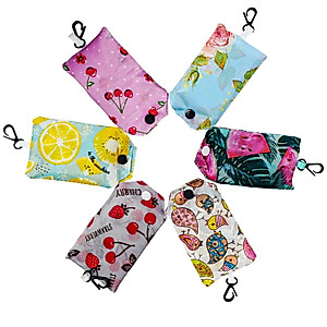 Elephant-package Pack of 6 Reusable Shopping Bags Foldable with Hook- Washable- Large Grocery Bag with Pouch Tote Bags (Fruit Birds)