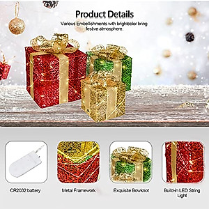 Lighted Gift Boxes Christmas Decorations Boxes 3pcs Pre-Lit Present Boxes Ornament Outdoor Christmas Tinsel Boxes Decoration with Bows for Outside Xmas Home Yard Decor