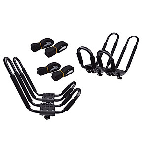 TMS Kayak Roof Racks for 2 Kayaks - Dual Universal Fit Carriers Include Two Sets of Straps for Cars, Trucks and SUVs - Easy to Mount J-Bar Style Carriers for Kayaks Canoes Paddleboards and Surfboards