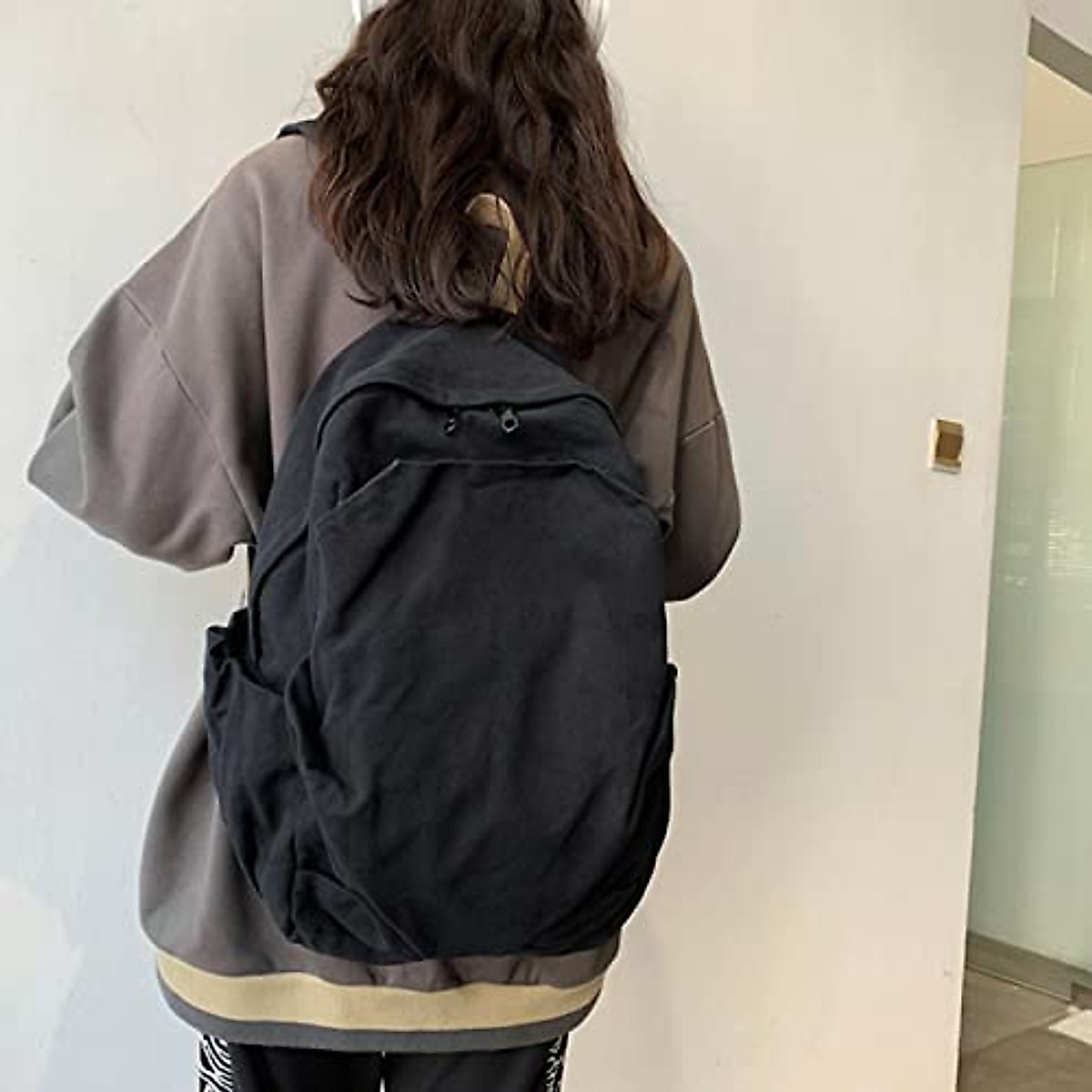 Kaupuar Minimalist Aesthetic Canvas Backpack Simple School Daypack for Adults and Teens (Black)