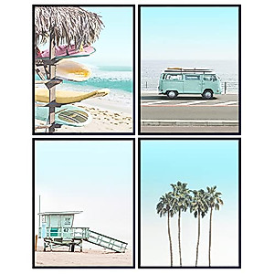 Beach Art Print Set - Tropical Palm Trees, Surfing 8x10 Wall Art Posters - Unique Home Decor for Lake or Ocean House, Bathroom, Bedroom, Living Room, Office - Gift for Surfers - Nautical Photo Poster